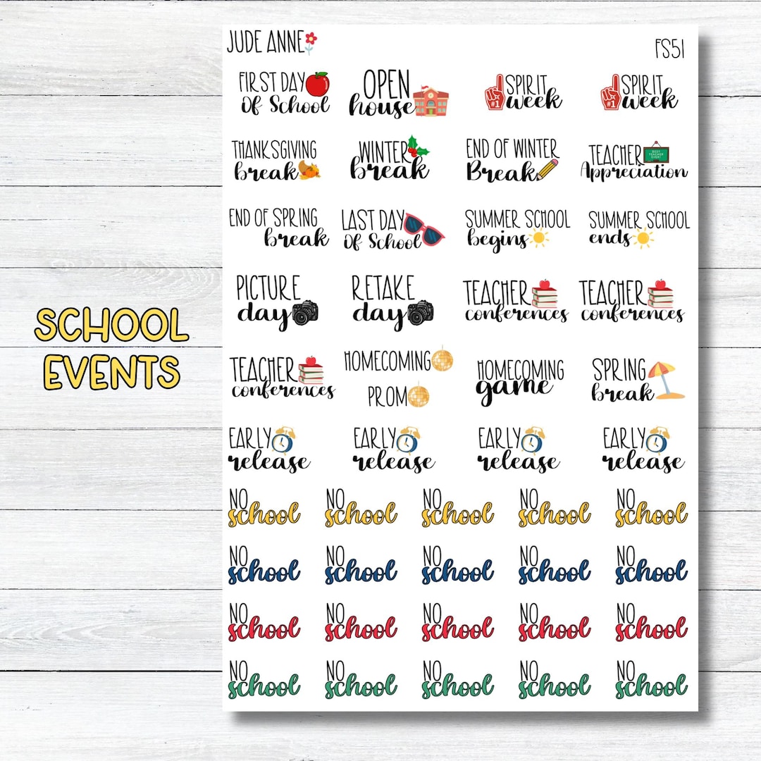 School Dates Planner Stickers, Cute School Icon Planner Stickers ...