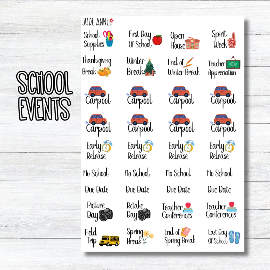 School Dates Planner Stickers, Cute School Icon Planner Stickers ...