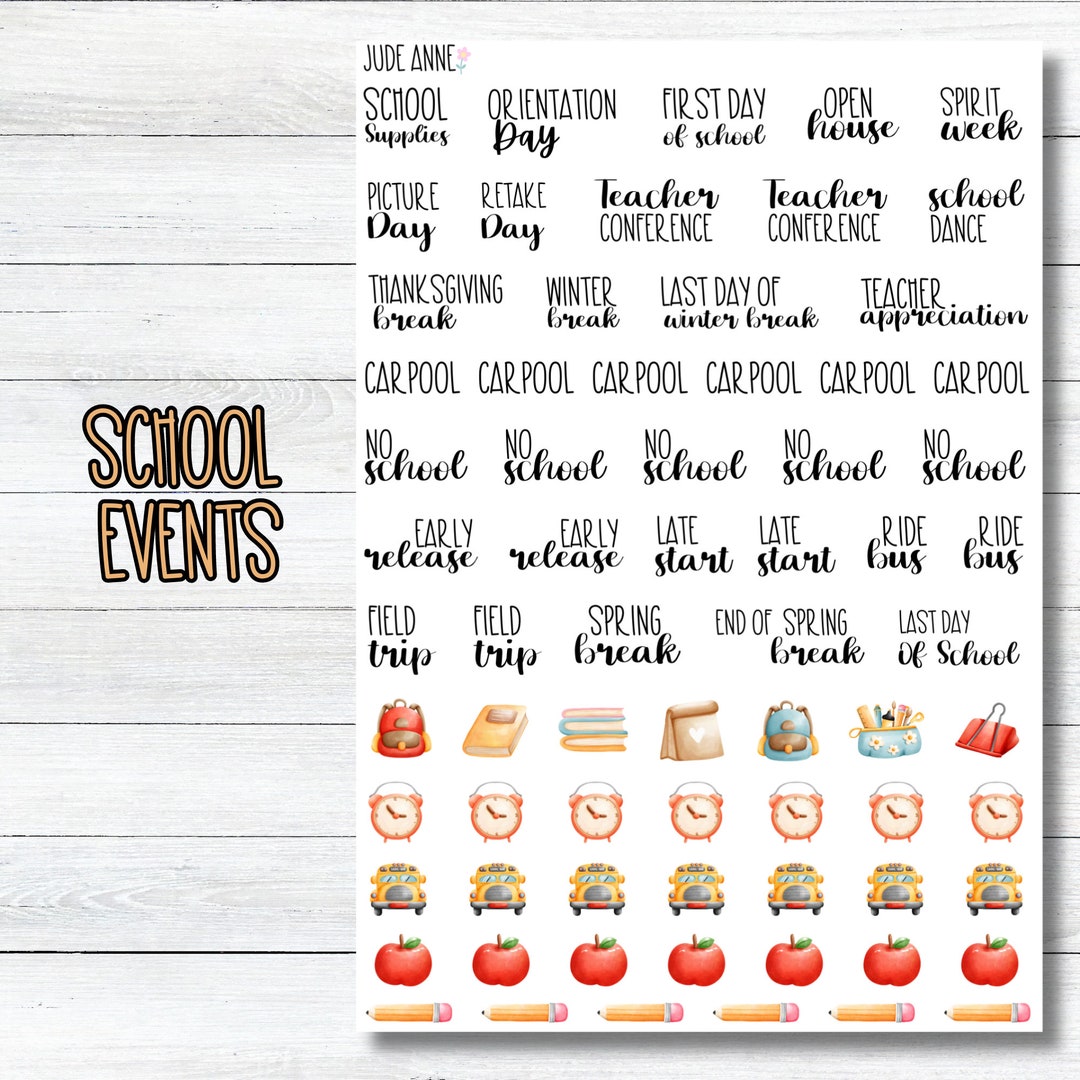 School Dates Planner Stickers, Cute School Icon Planner Stickers ...