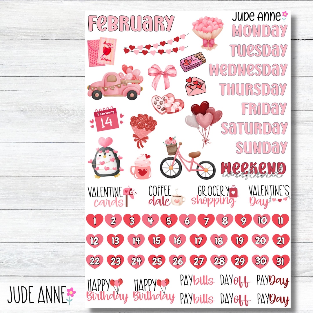 February Monthly Kit Planner Stickers, Valentine Deco Planner Kit ...