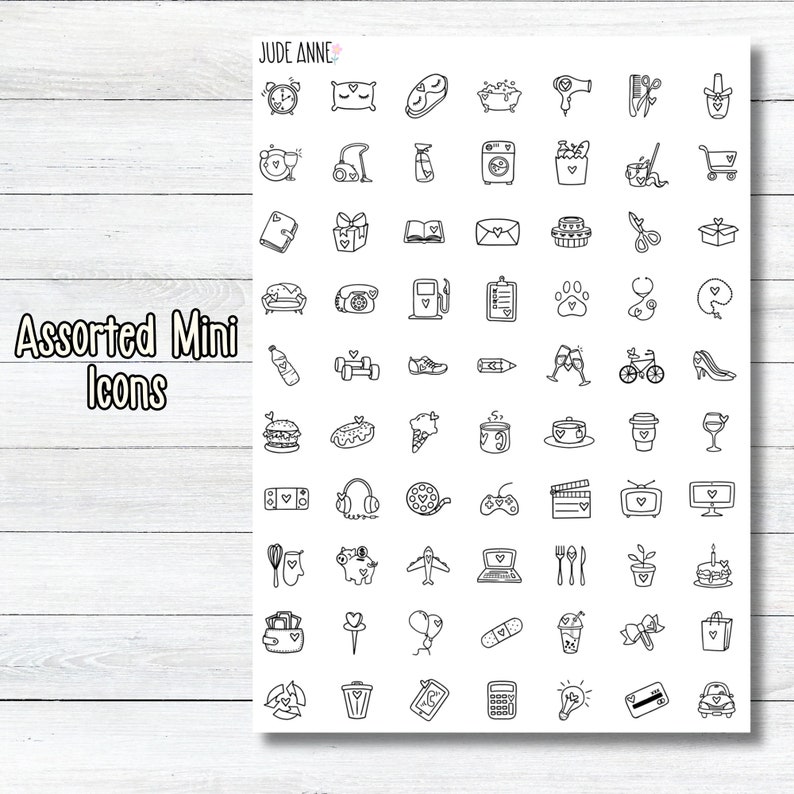 Tiny Icon Planner Stickers, Cute Black & White Stickers, Icon Bundle ...