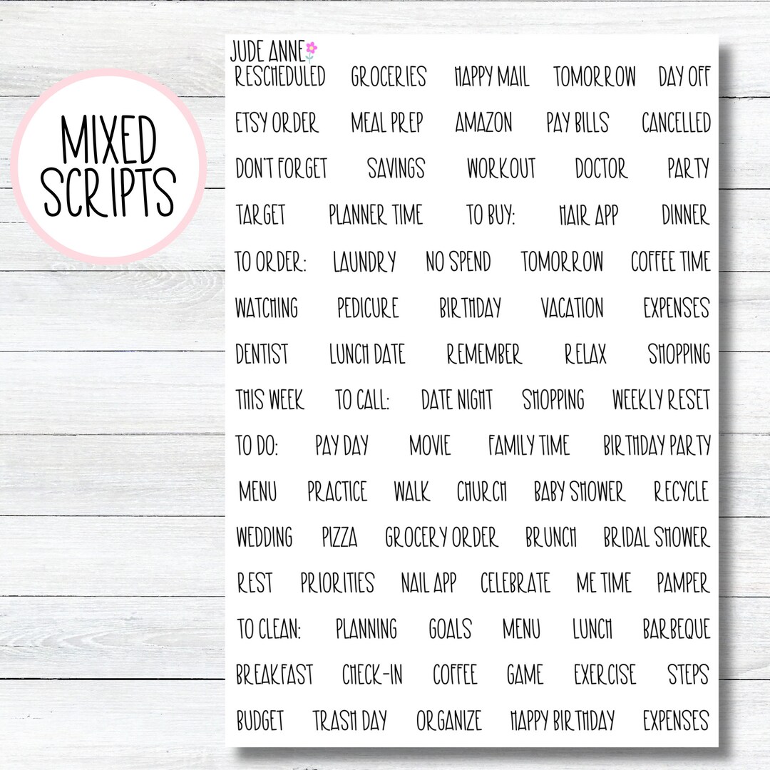 Mixed Words or Scripts for Planner, Mix of Scripts, Script Sticker for ...