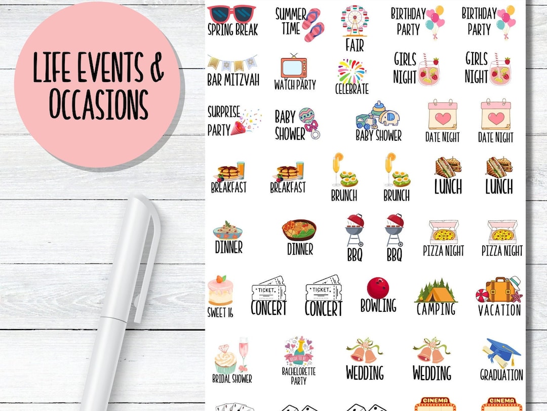 Events and Occasion Planner Stickers, Fun Events Icon and Script for ...