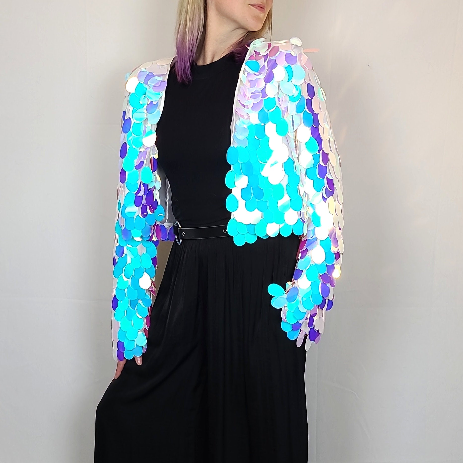 Cropped Sequin Jacket Satin Lined Iridescent Paillette Sequins Festival ...