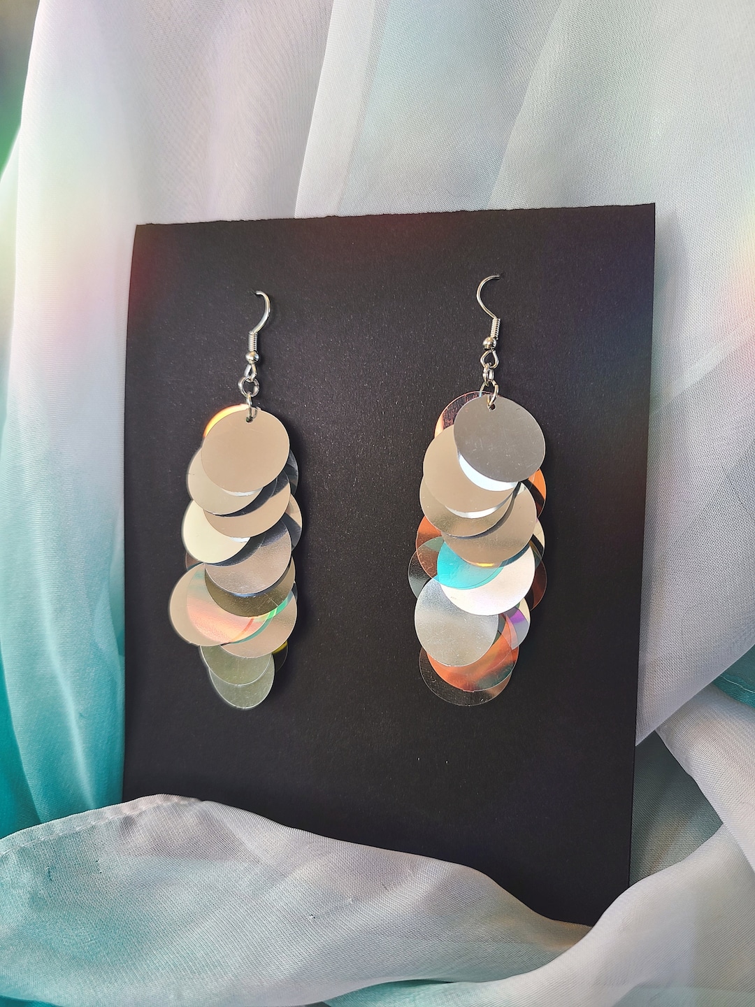 Iridescent Silver Sequin Earrings | Silver + Iridescent Paillette Sequins Rave Party Jewelry - Etsy