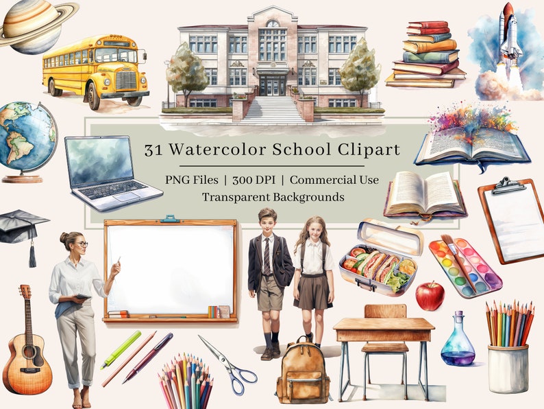 31 Watercolor School Clipart PNG Back to School Clipart - Etsy