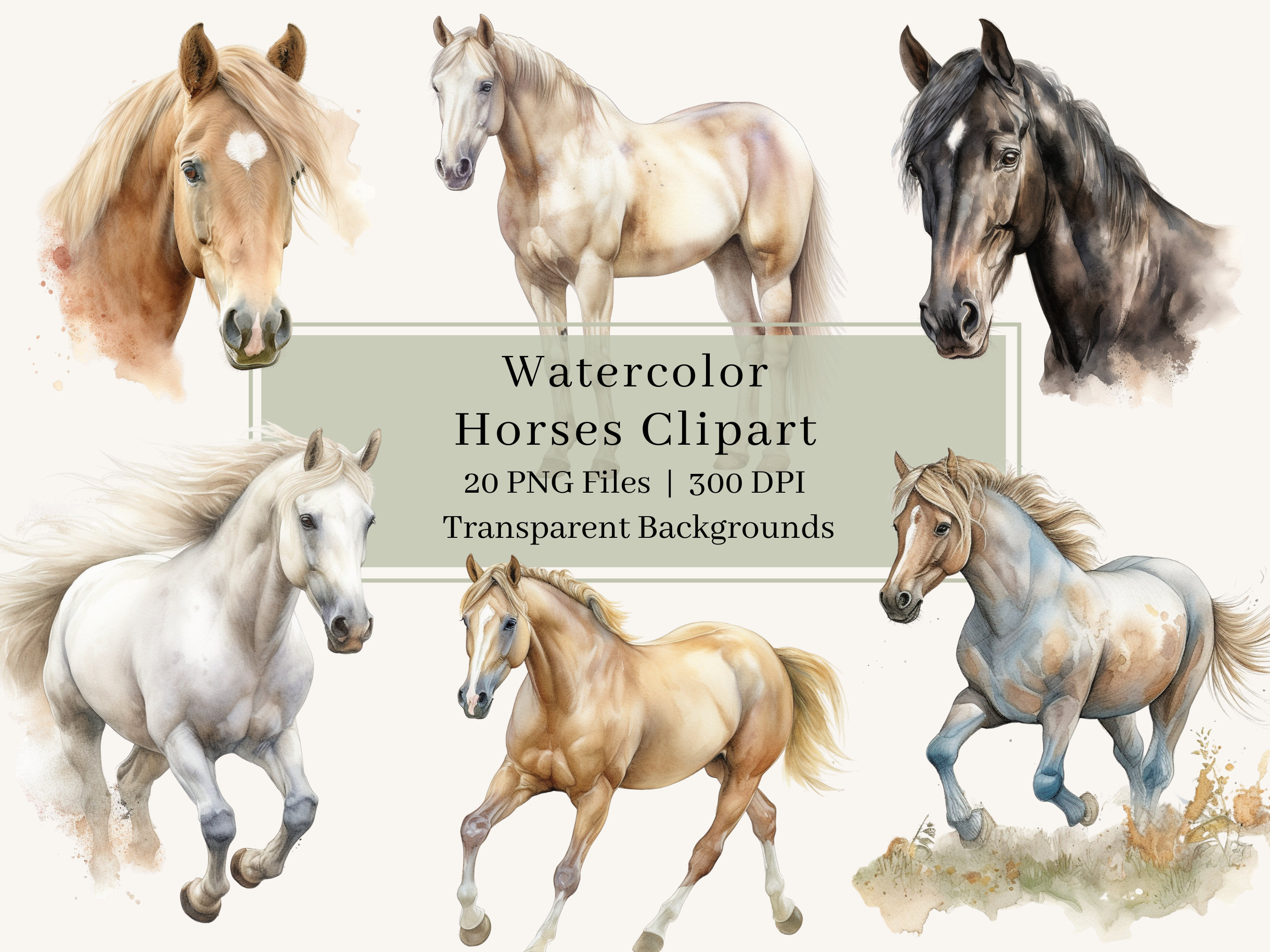 20 Horses Clipart, PNG, Watercolor Horse Clipart Bundle, Animal Clipart ...