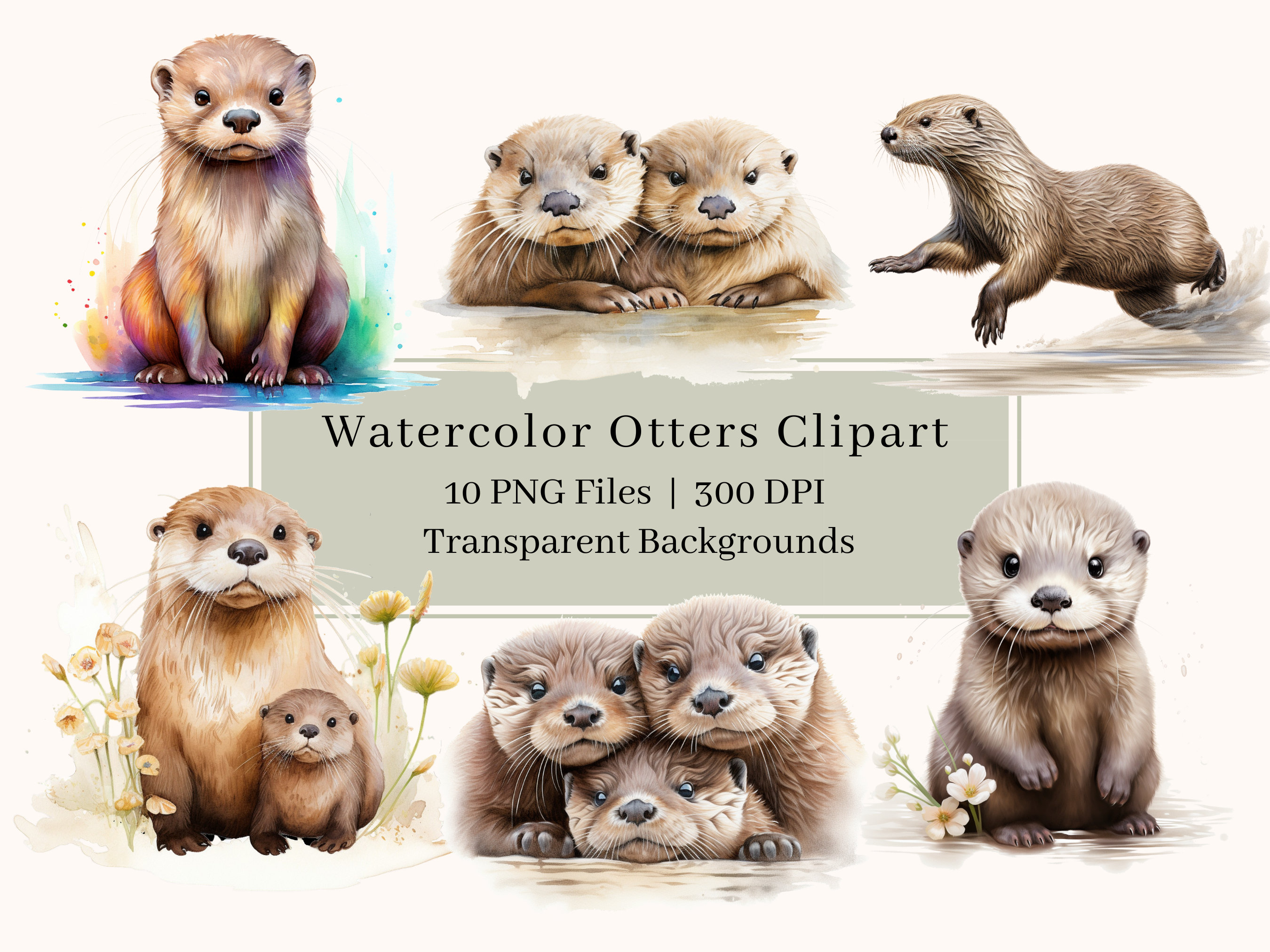 10 Otters Clipart PNG, Watercolor Otter Clipart Bundle, Otter Pups ...