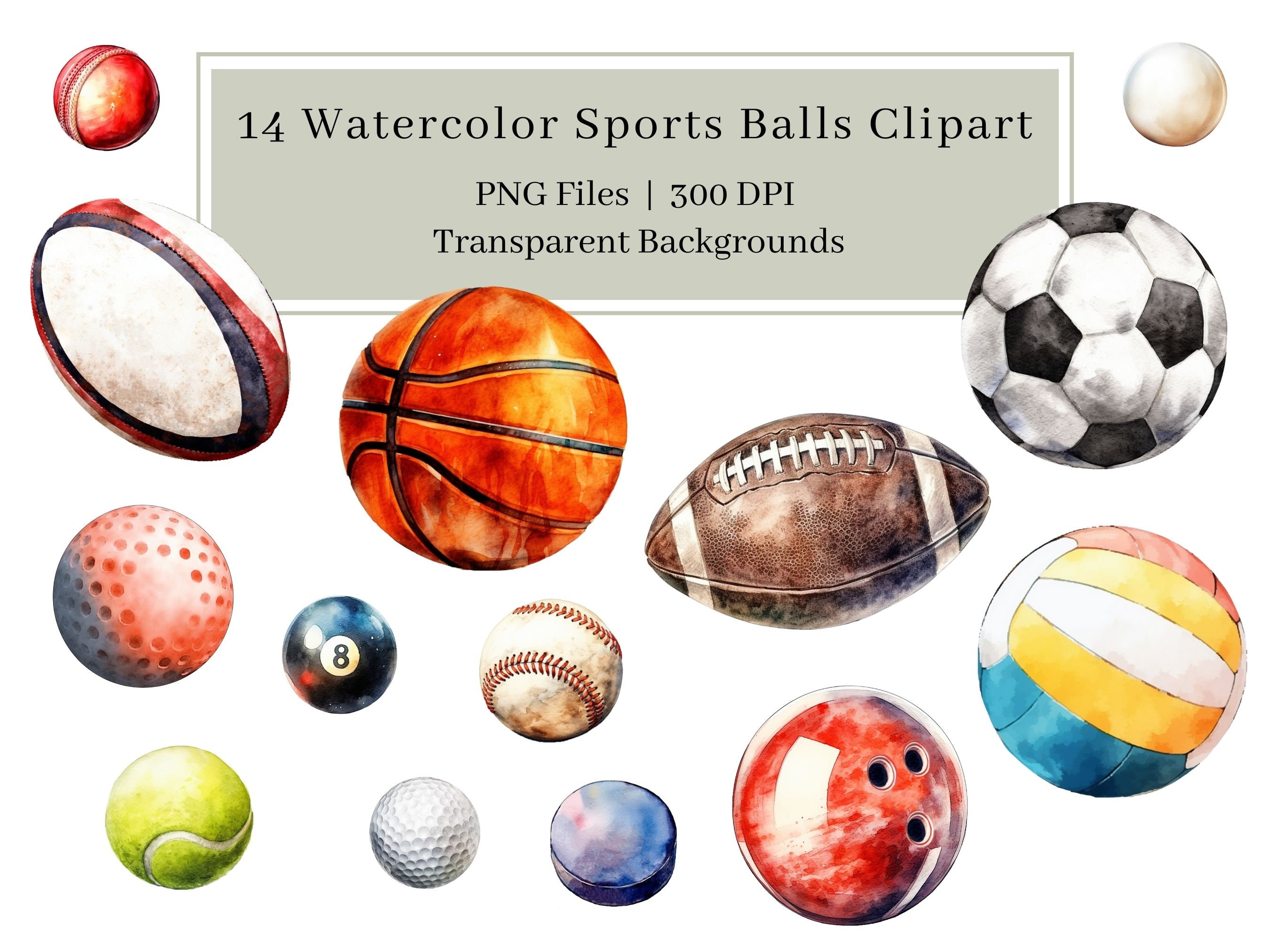 Watercolor Sports Balls Clipart: PNG Bundle (commercial Use) - Etsy