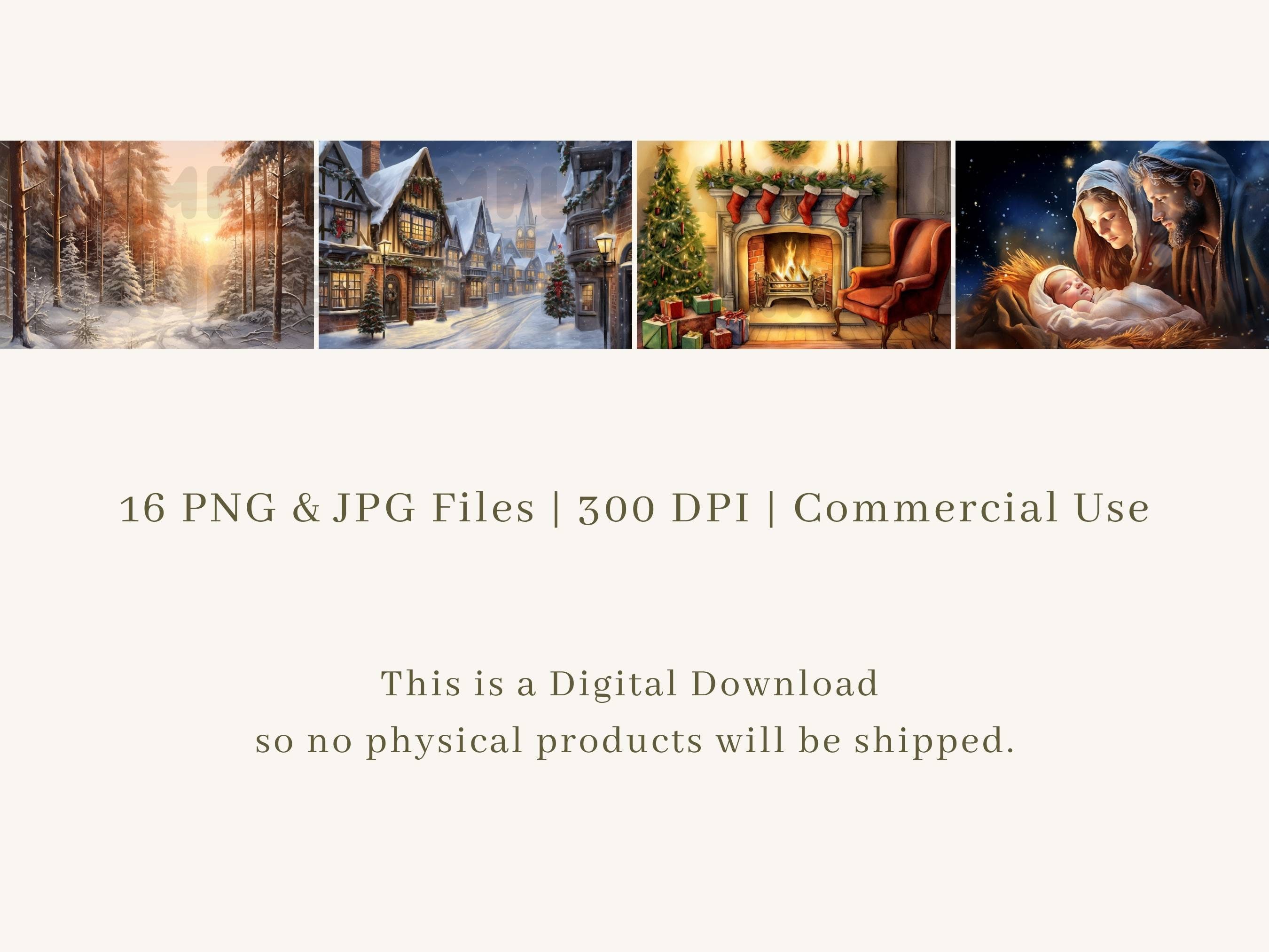 16 Christmas Scenes Clipart, JPG, Watercolor Christmas Card Clipart ...