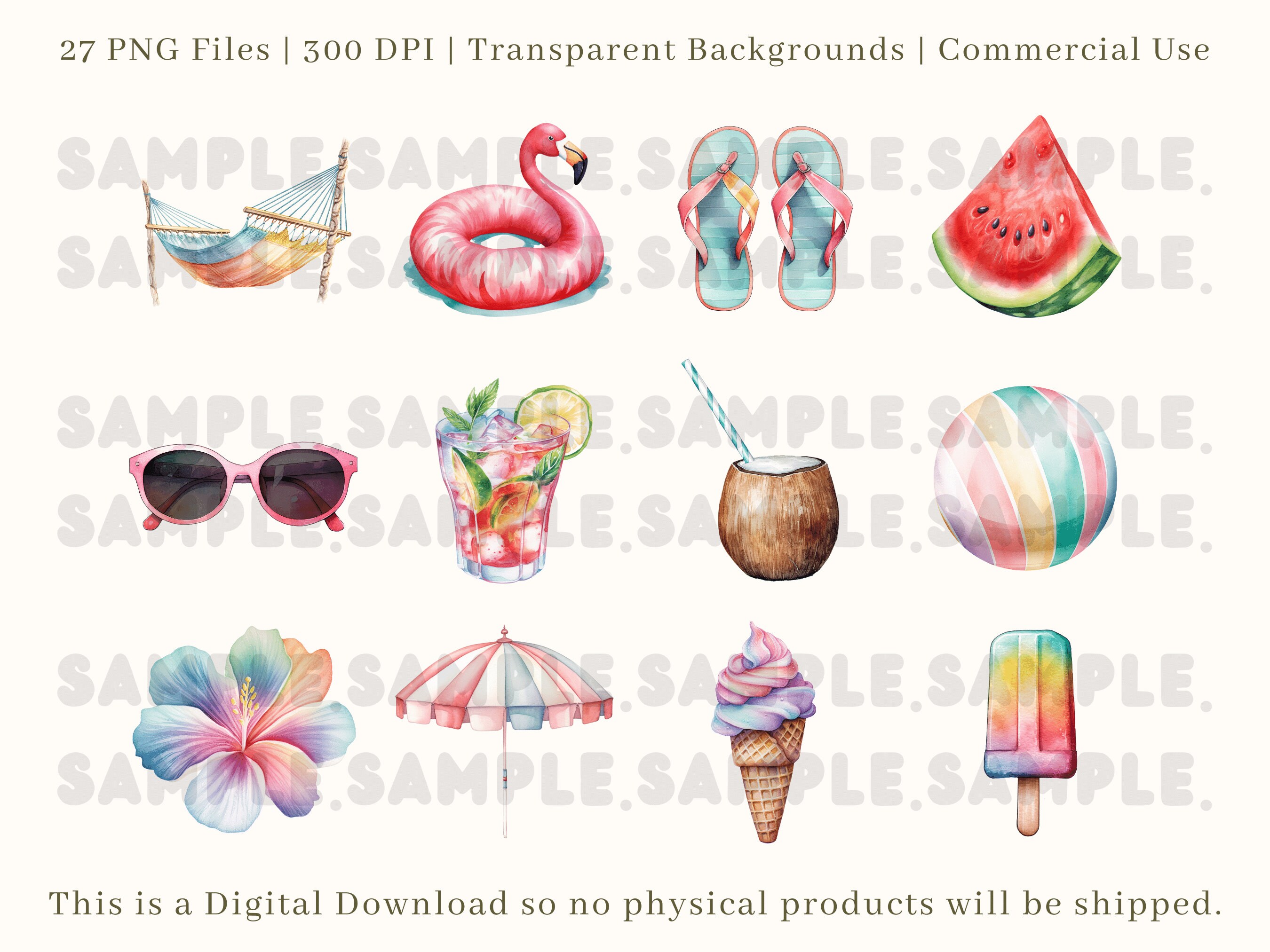27 Watercolor Summer Beach Clipart PNG Bundle Ice Cream - Etsy