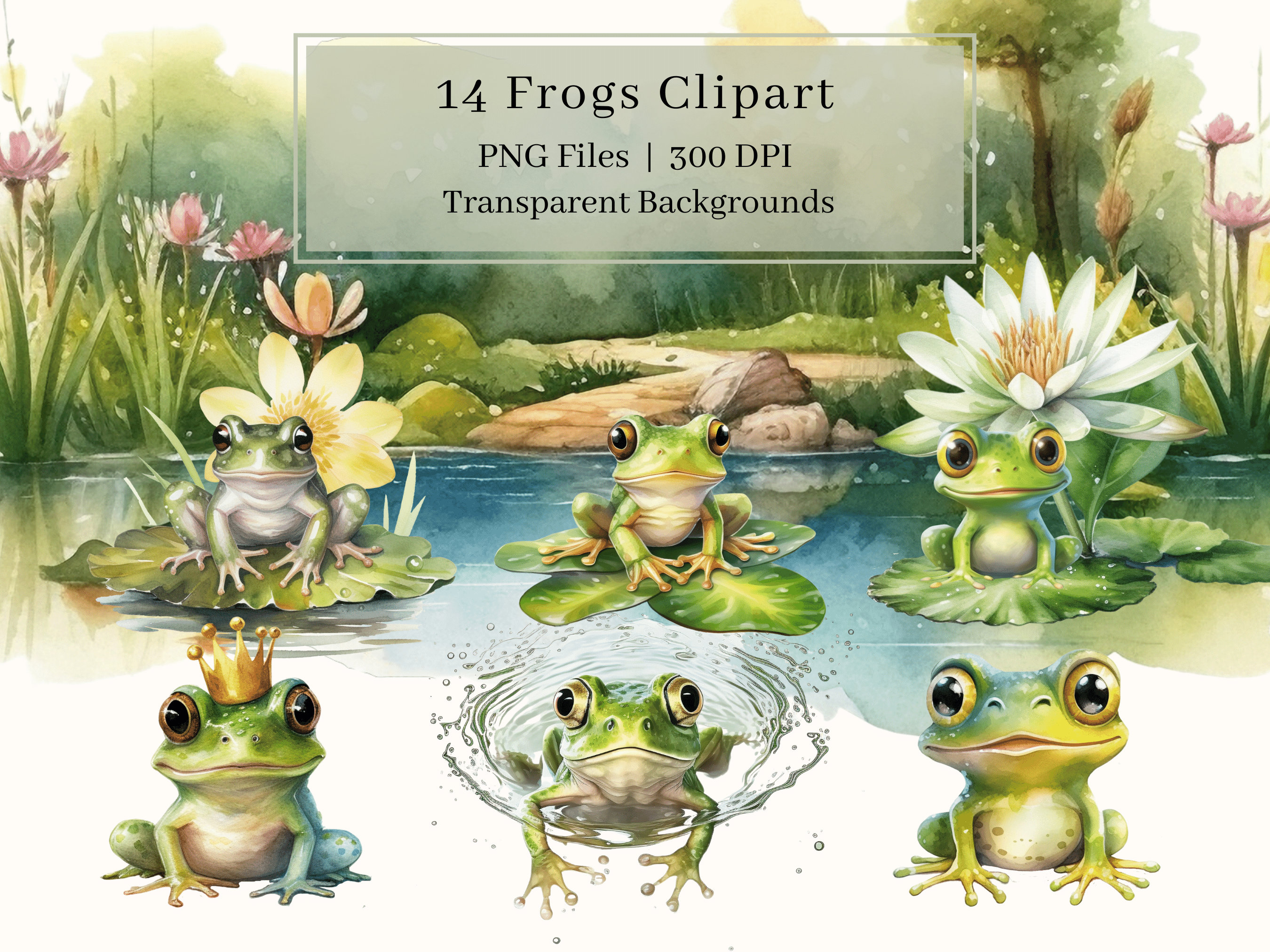 14 Frog Clipart, PNG, Watercolor Frogs Clipart Bundle, Frog Art, Frog ...