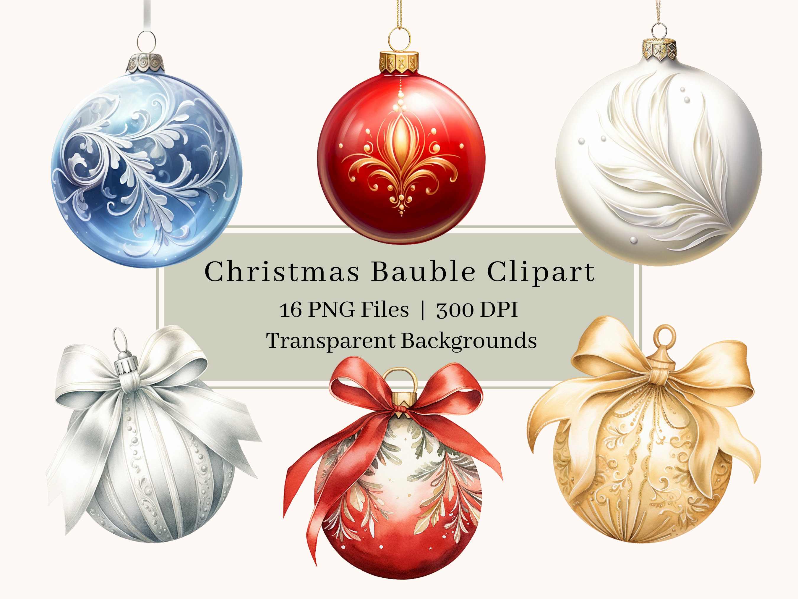 16 Christmas Ornaments Clipart PNG, Watercolor Christmas Baubles Clip ...
