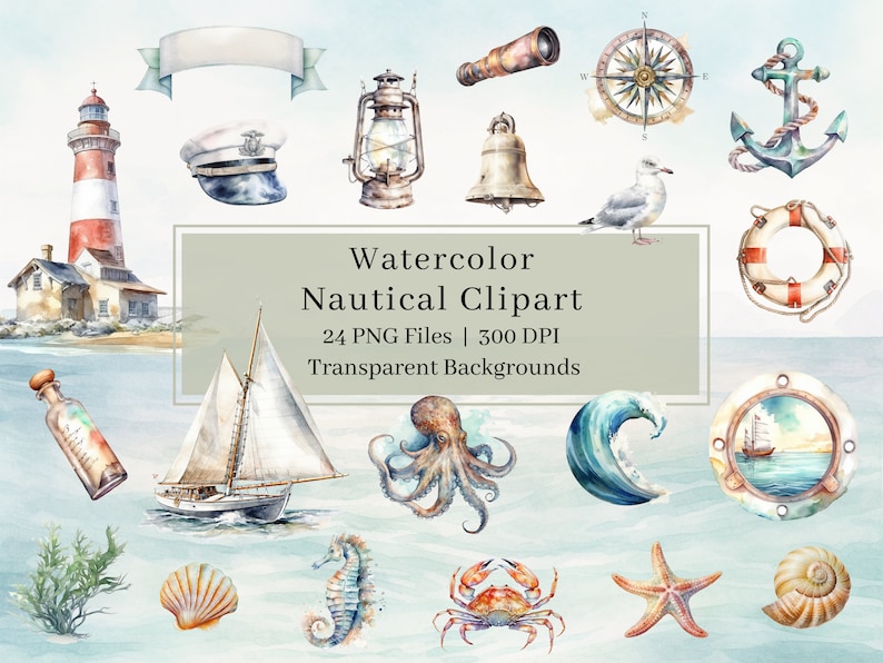 24 Watercolor Nautical Clipart PNG Sea Clipart Ocean - Etsy