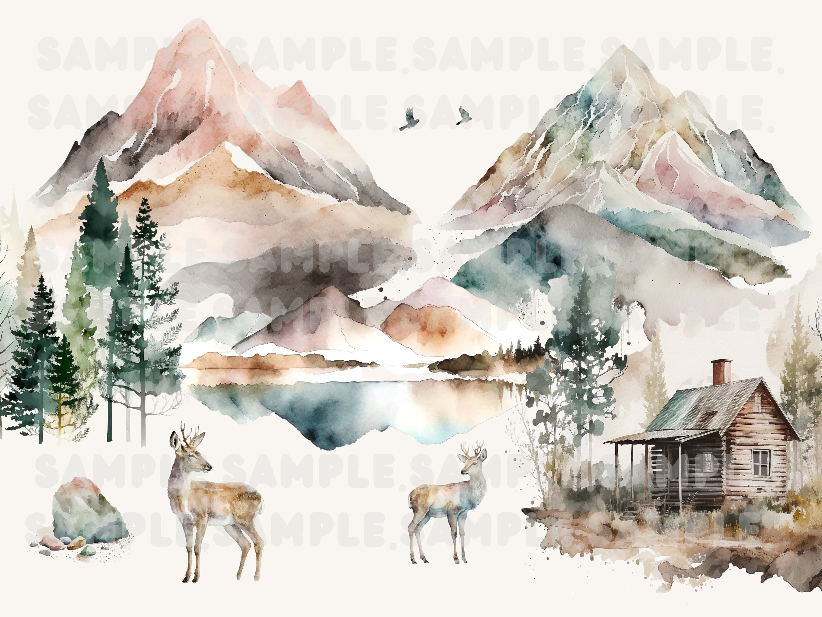 Watercolor Mountain Landscape Clipart PNG Forest Woodland Pine - Etsy