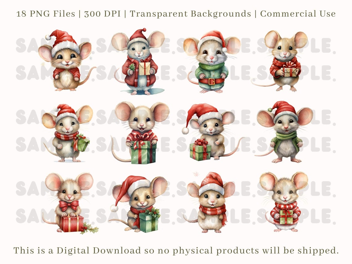 18 Christmas Mouse Clipart PNG, Watercolor Christmas Mice Clipart ...