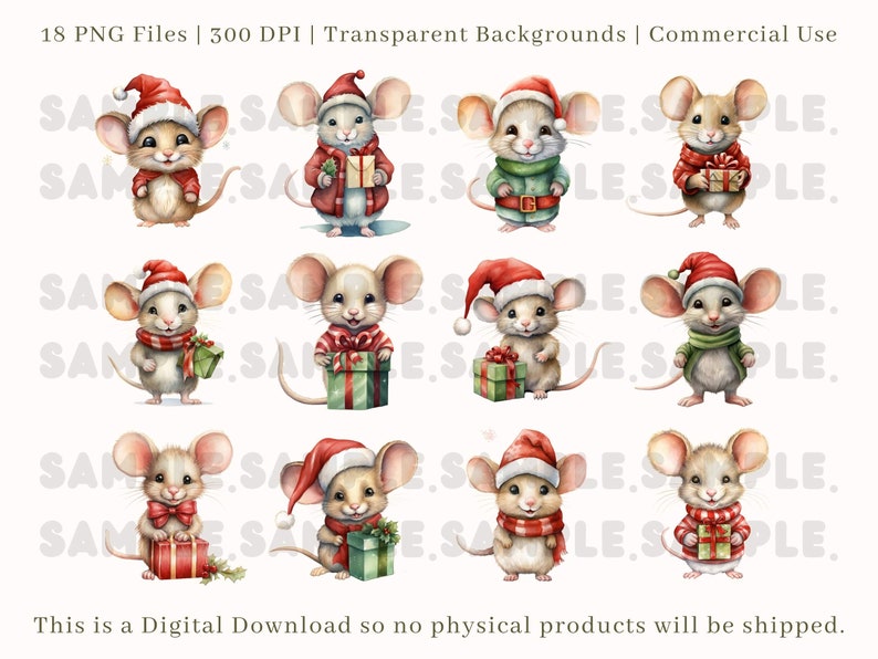 18 Christmas Mouse Clipart PNG, Watercolor Christmas Mice Clipart ...
