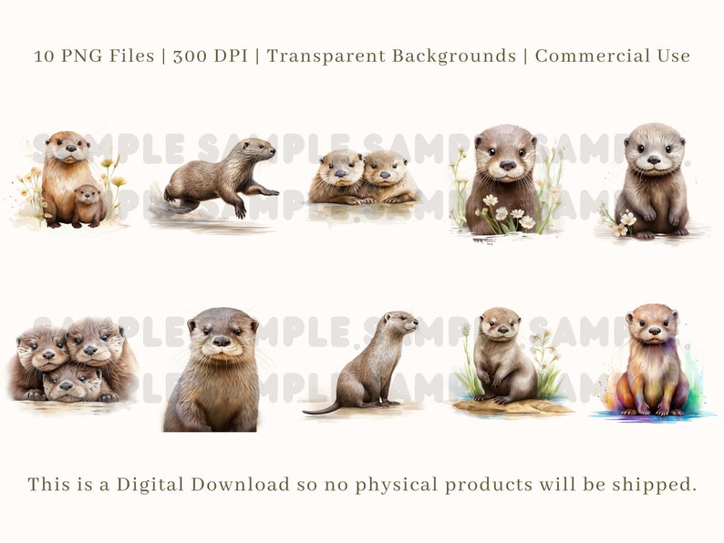 10 Otters Clipart PNG, Watercolor Otter Clipart Bundle, Otter Pups ...