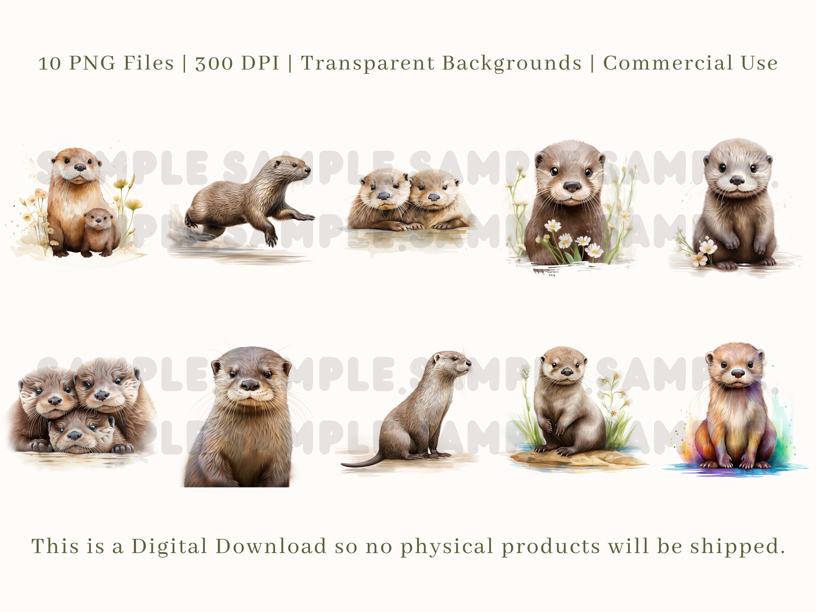 10 Otters Clipart PNG, Watercolor Otter Clipart Bundle, Otter Pups ...