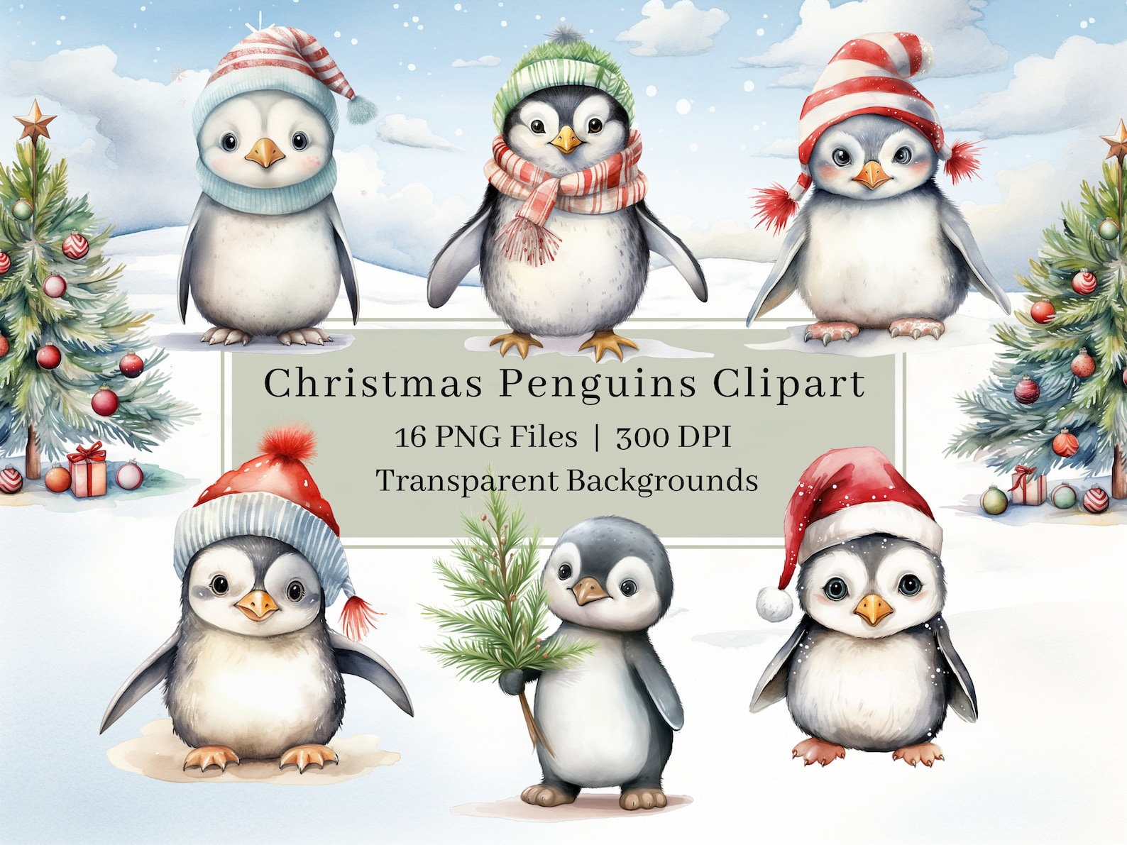 16 Christmas Penguin Clipart PNG, Watercolor Christmas Penguins Clip ...