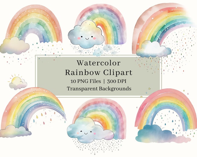 Pastel Rainbows Clipart Set - Rainbows, Clouds, Sun, Hearts, Rain ...
