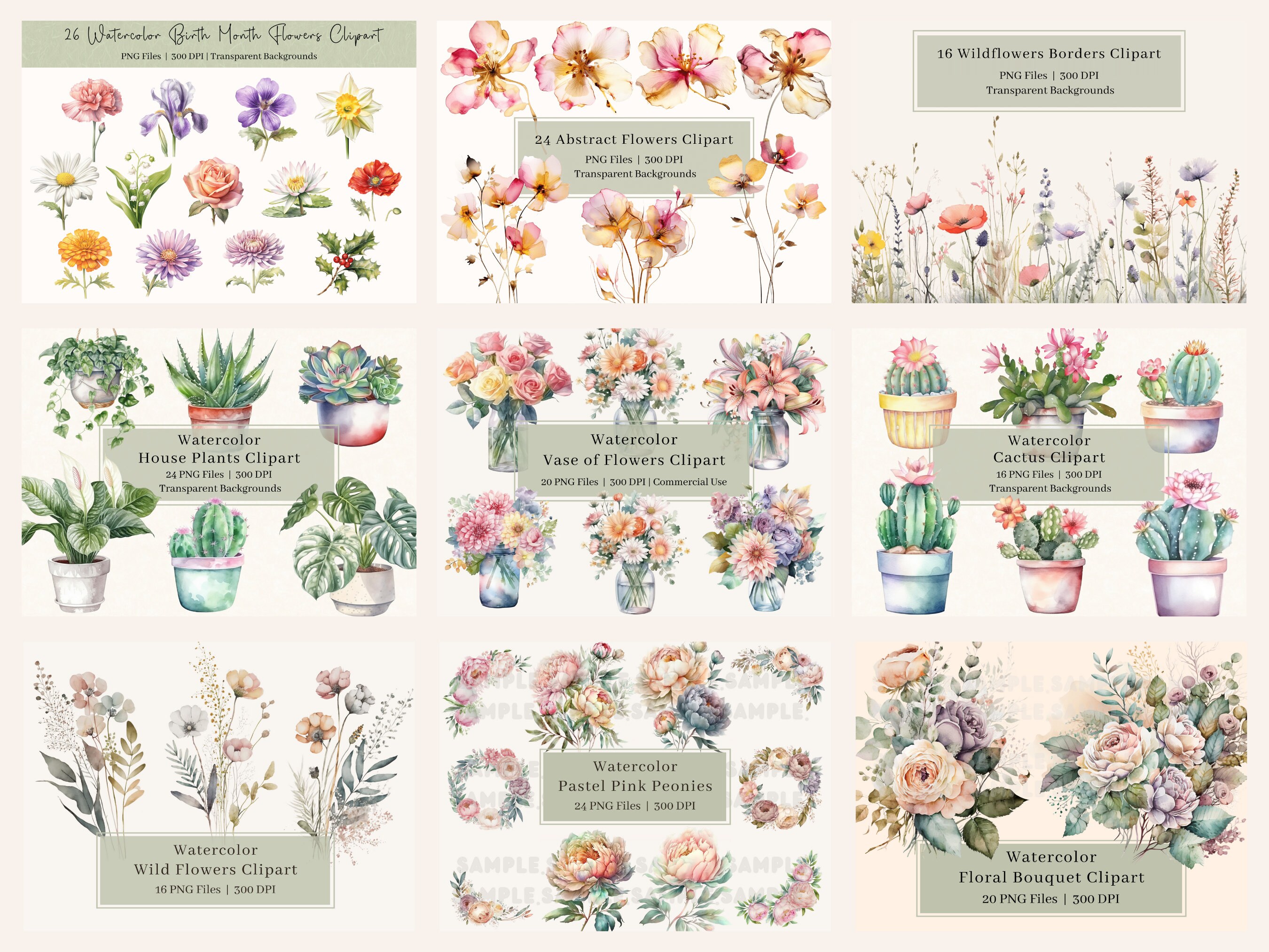186 Watercolor Flowers Clipart Bundle PNG Watercolor Birth - Etsy