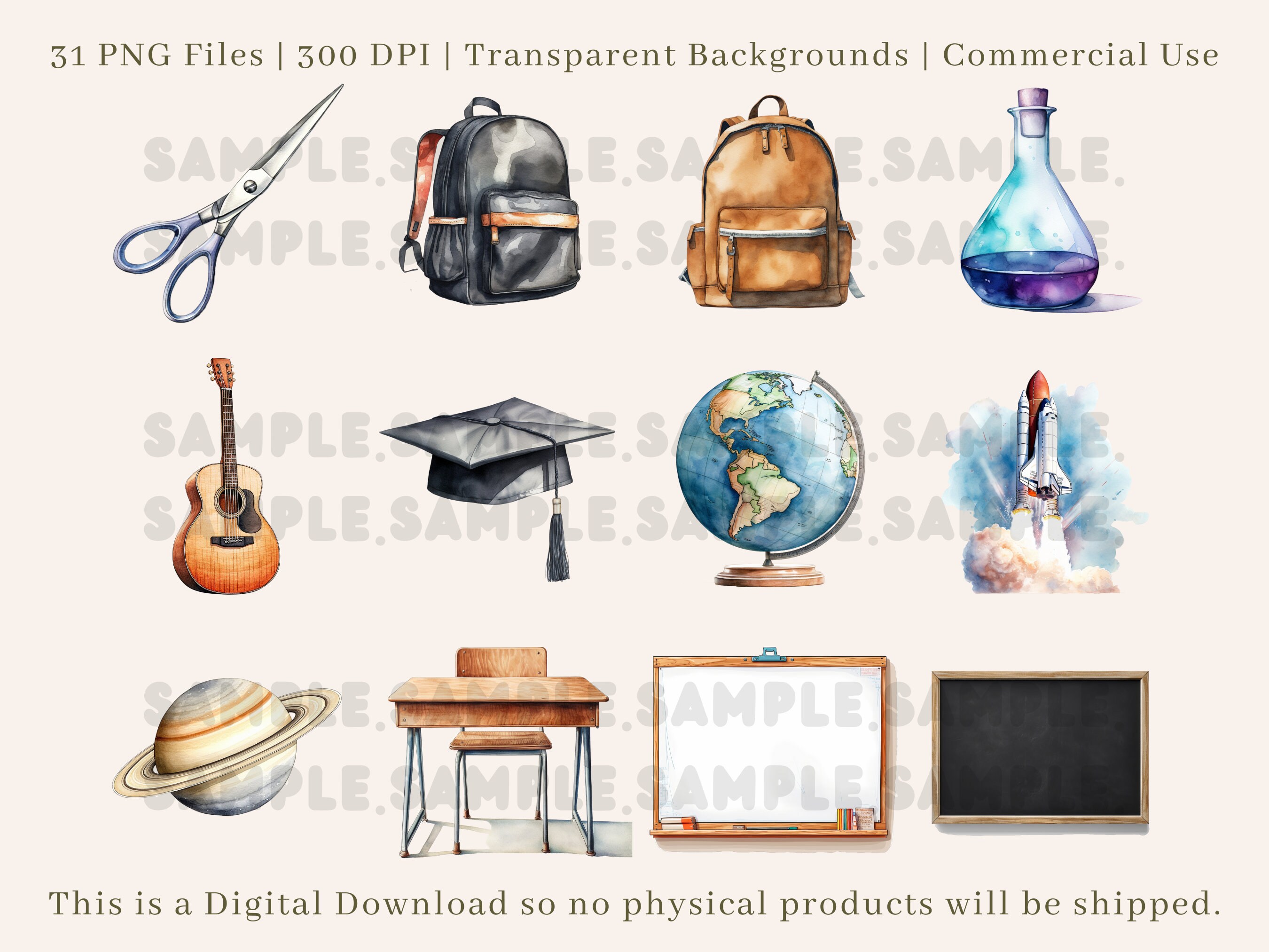 31 Watercolor School Clipart, PNG, Back to School Clipart, Teacher ...