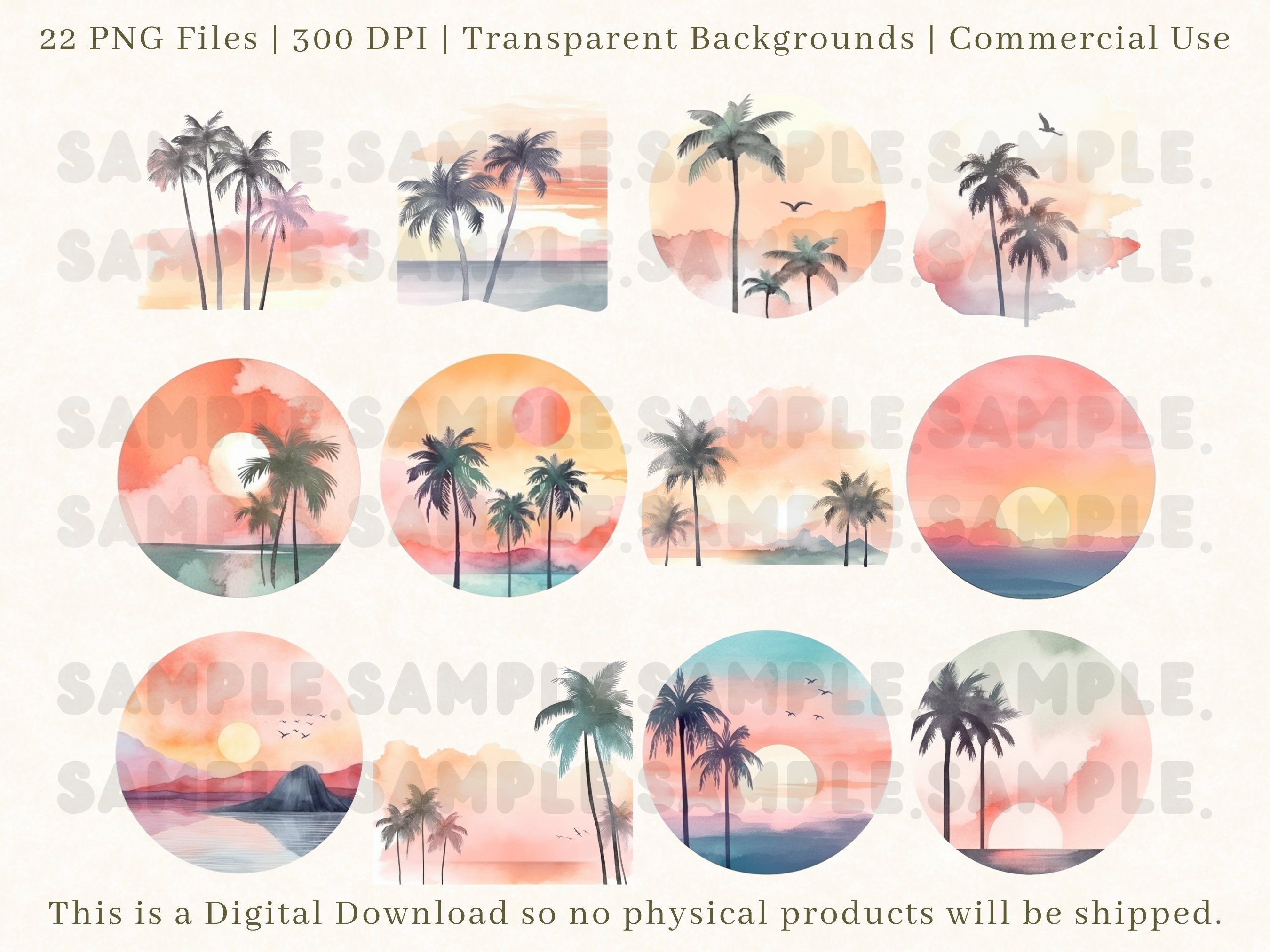 22 Tropical Sunset, PNG, Watercolor tropical Beach Sunsets Clipart ...