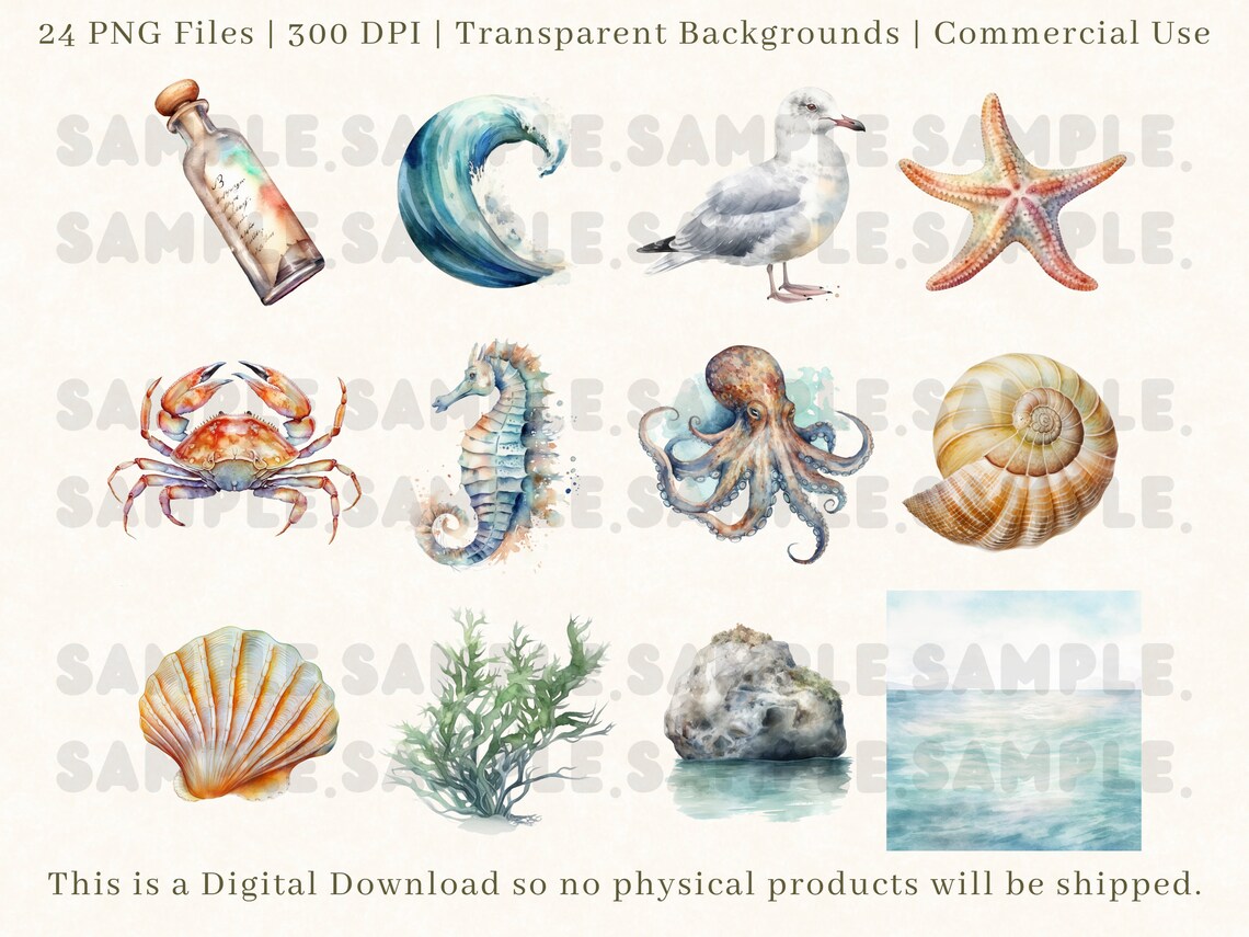 24 Watercolor Nautical Clipart PNG Sea Clipart Ocean - Etsy