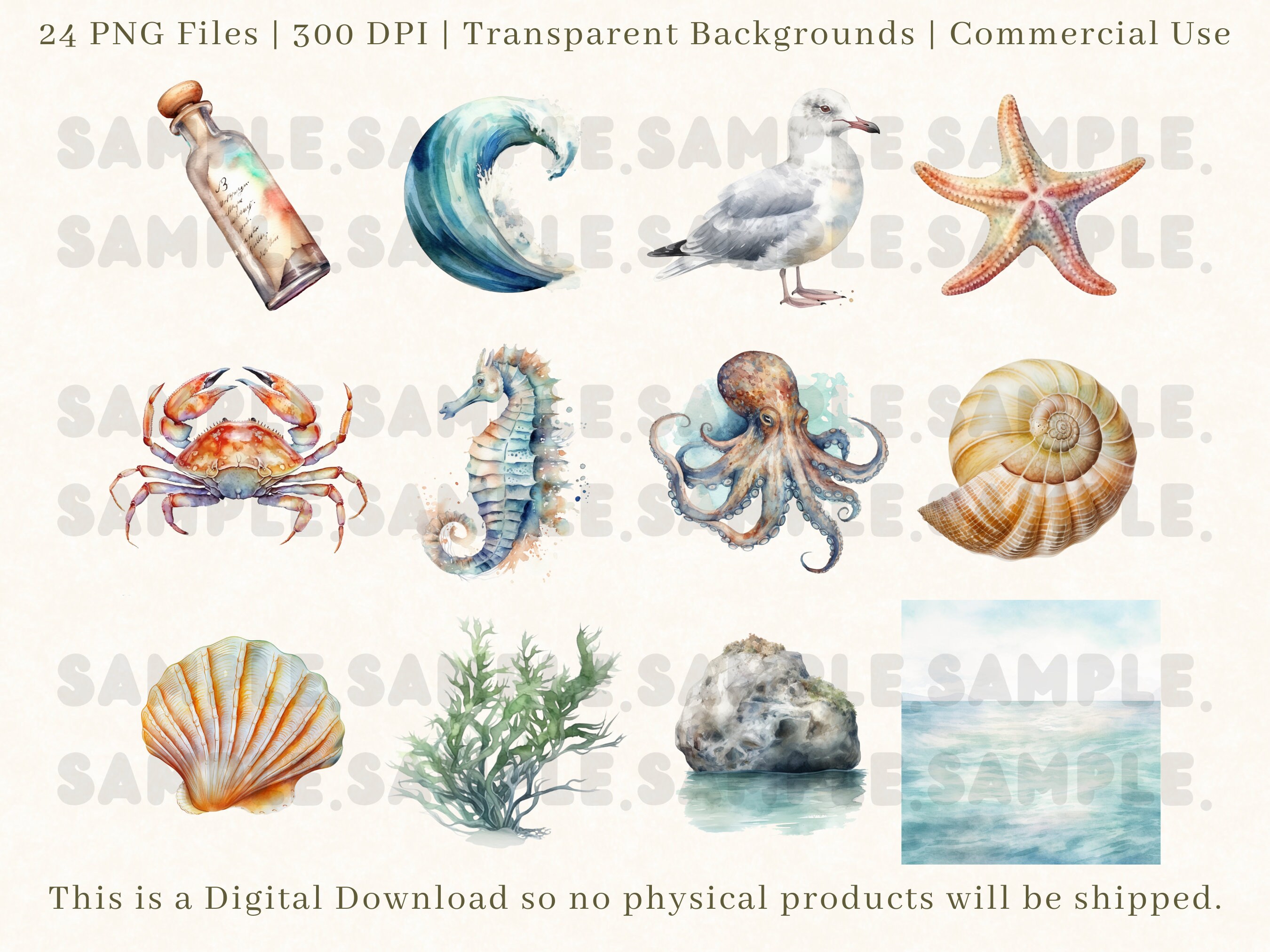 24 Watercolor Nautical Clipart PNG Sea Clipart Ocean - Etsy