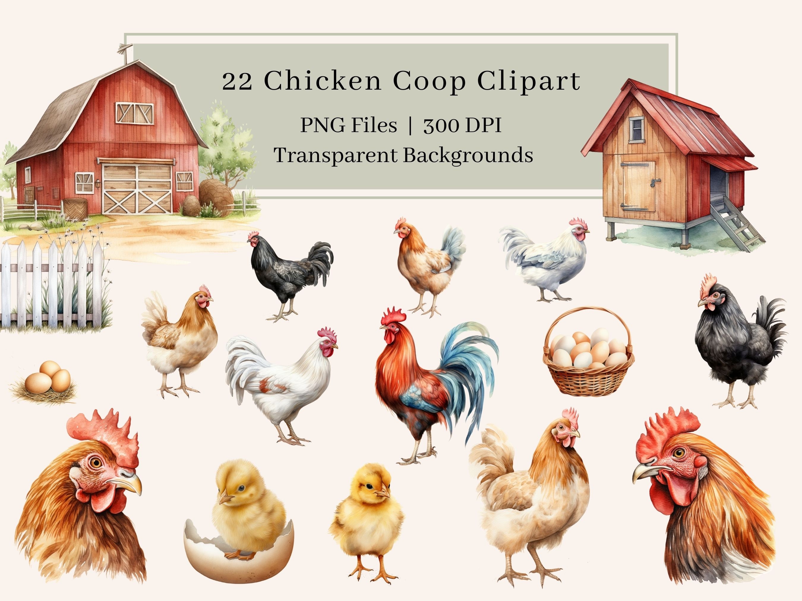 22 Chickens Clipart PNG Watercolor Chicken Coop Clipart - Etsy