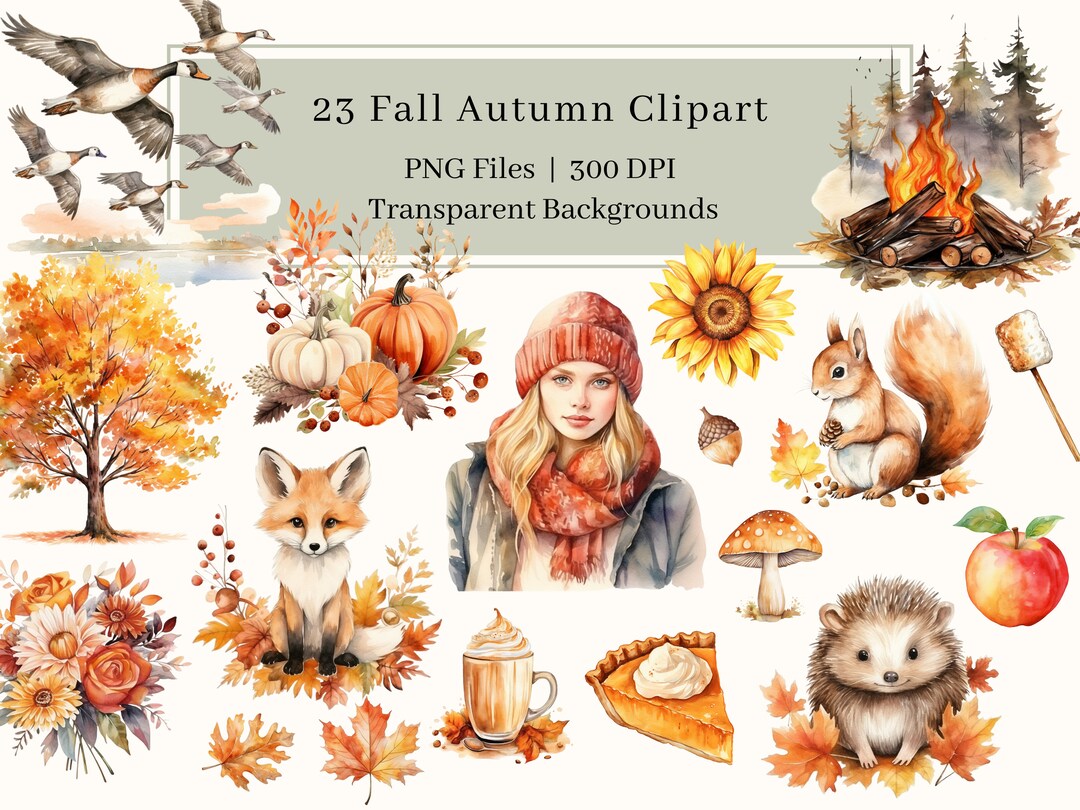 Watercolor Fall Clipart Bundle: Autumn Leaves, Pumpkin Pie (PNG Digital ...