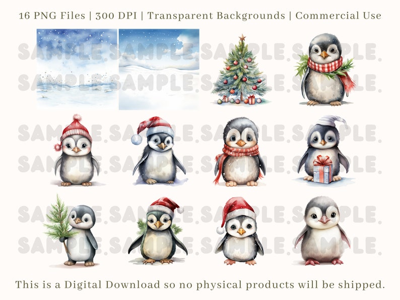16 Christmas Penguin Clipart PNG, Watercolor Christmas Penguins Clip ...