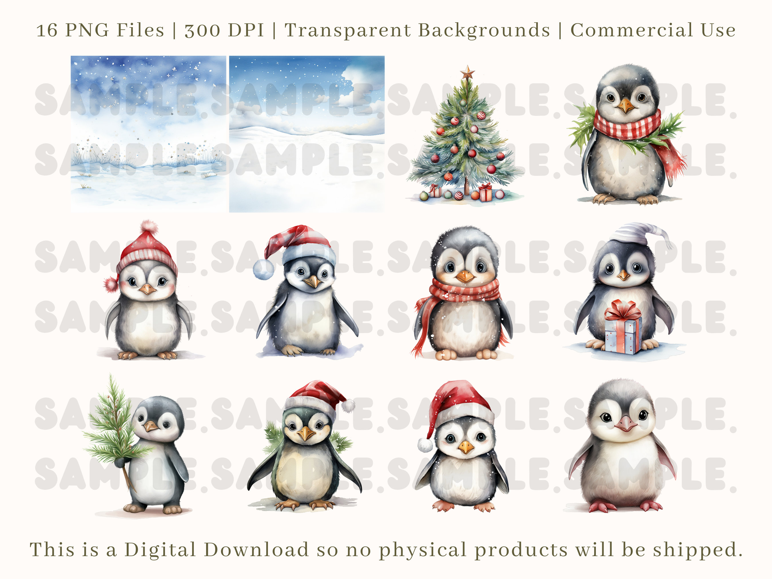 16 Christmas Penguin Clipart PNG Watercolor Christmas - Etsy