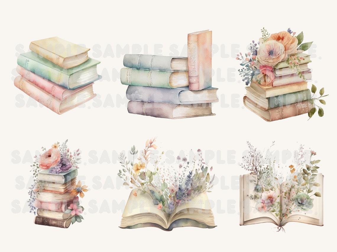 24 Books Clipart PNG Watercolor Book Clipart Floral Books - Etsy UK