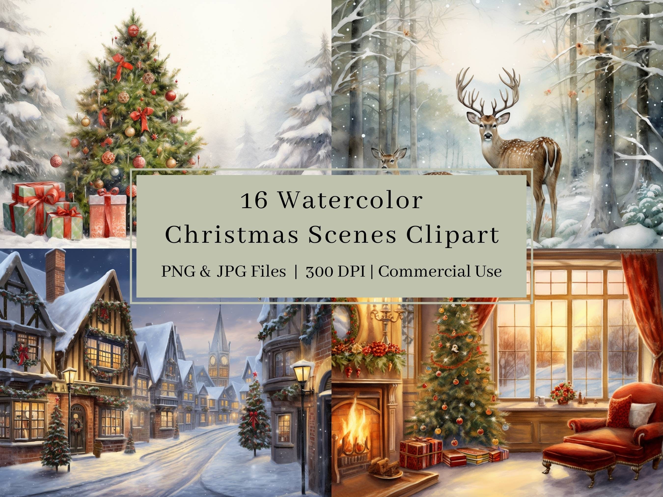 16 Christmas Scenes Clipart, JPG, Watercolor Christmas Card Clipart ...