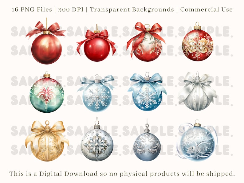 16 Christmas Ornaments Clipart PNG, Watercolor Christmas Baubles Clip ...
