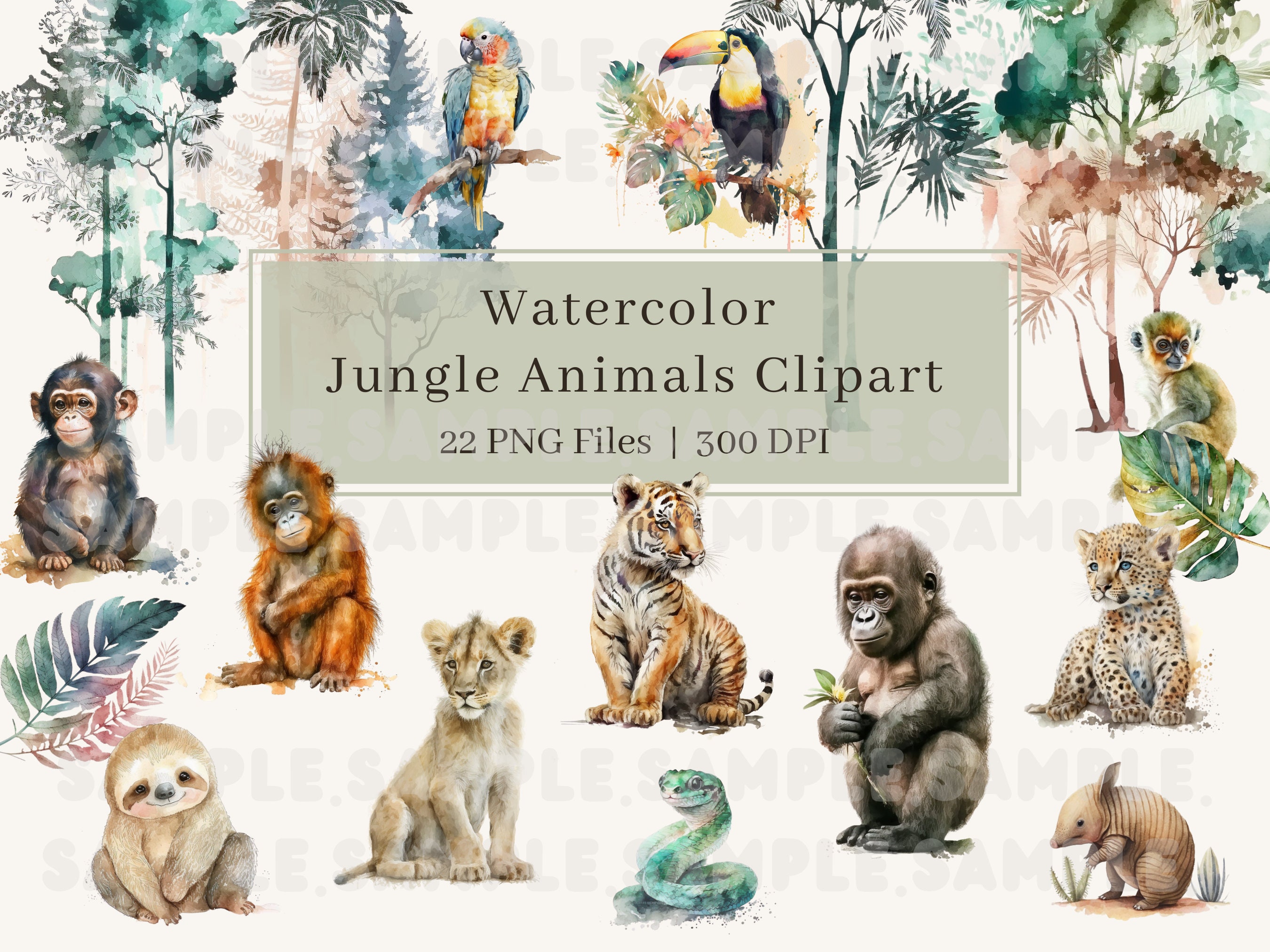 Watercolor Jungle Animals Clipart PNG Baby Jungle Animals: - Etsy Australia