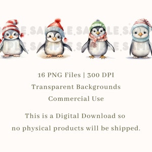 16 Christmas Penguin Clipart PNG, Watercolor Christmas Penguins Clip ...