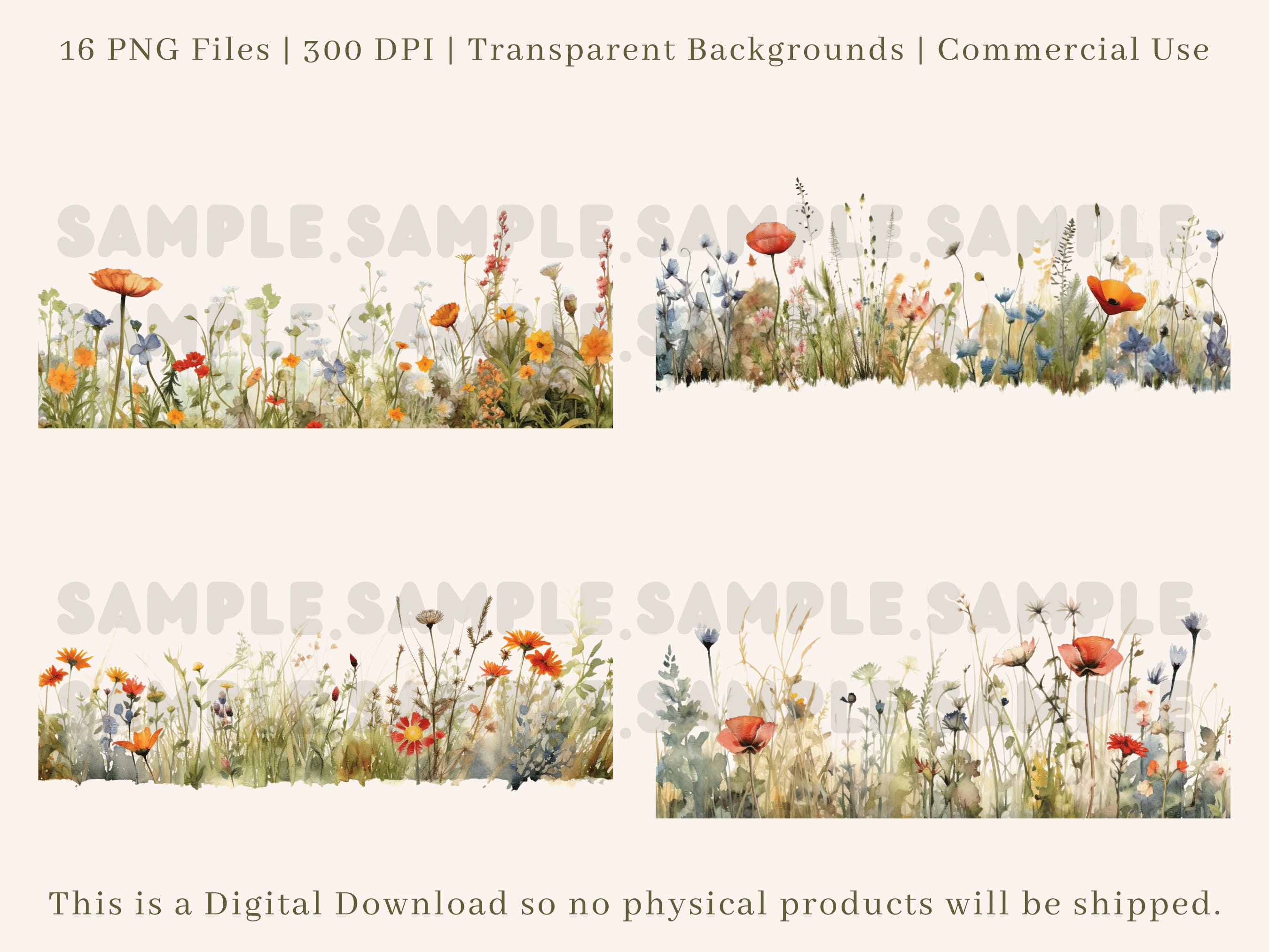 16 Wildflowers Borders Clipart PNG Watercolor Flowers - Etsy