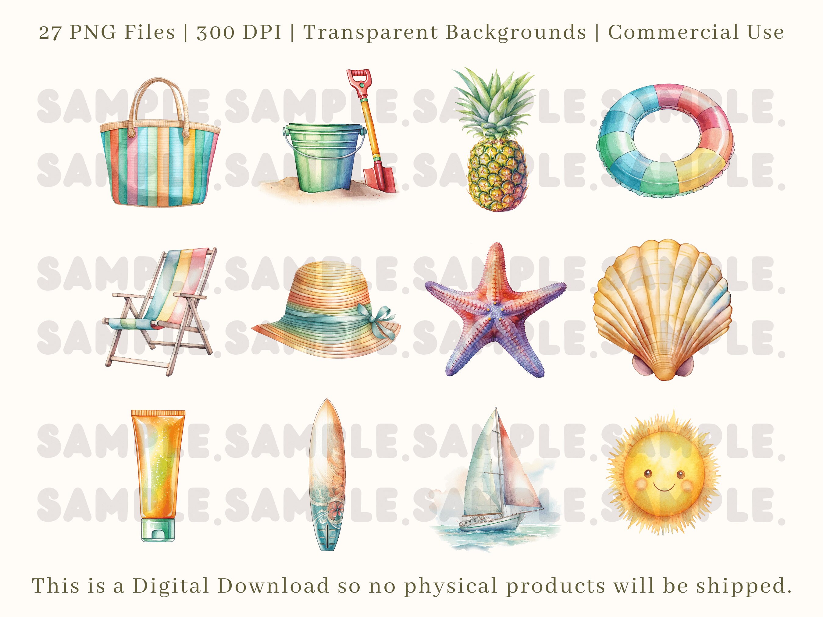 27 Watercolor Summer Beach Clipart PNG Bundle Ice Cream - Etsy