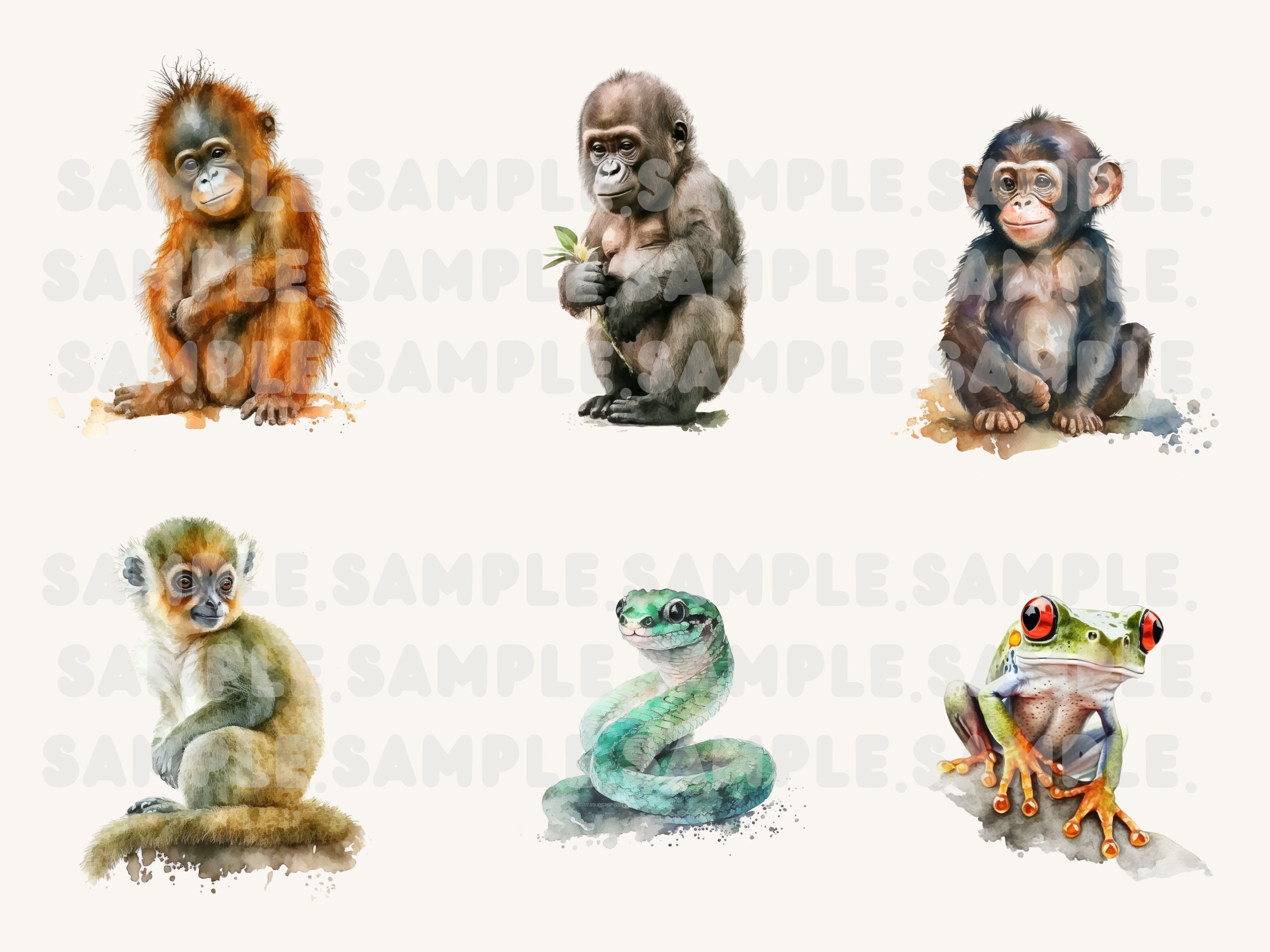 Watercolor Jungle Animals Clipart PNG Baby Jungle Animals: - Etsy Australia