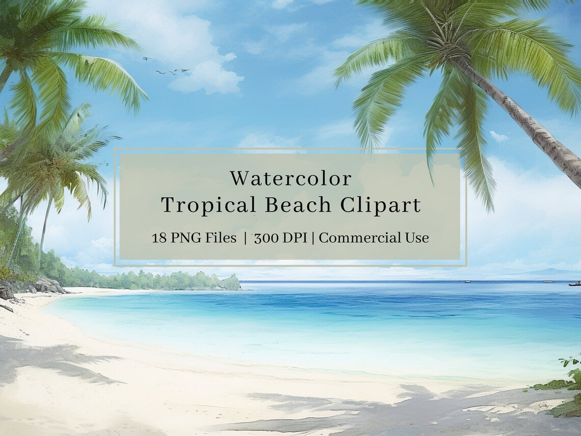 18 Watercolor Beach Clipart, PNG, Watercolor Tropical Beach Background ...