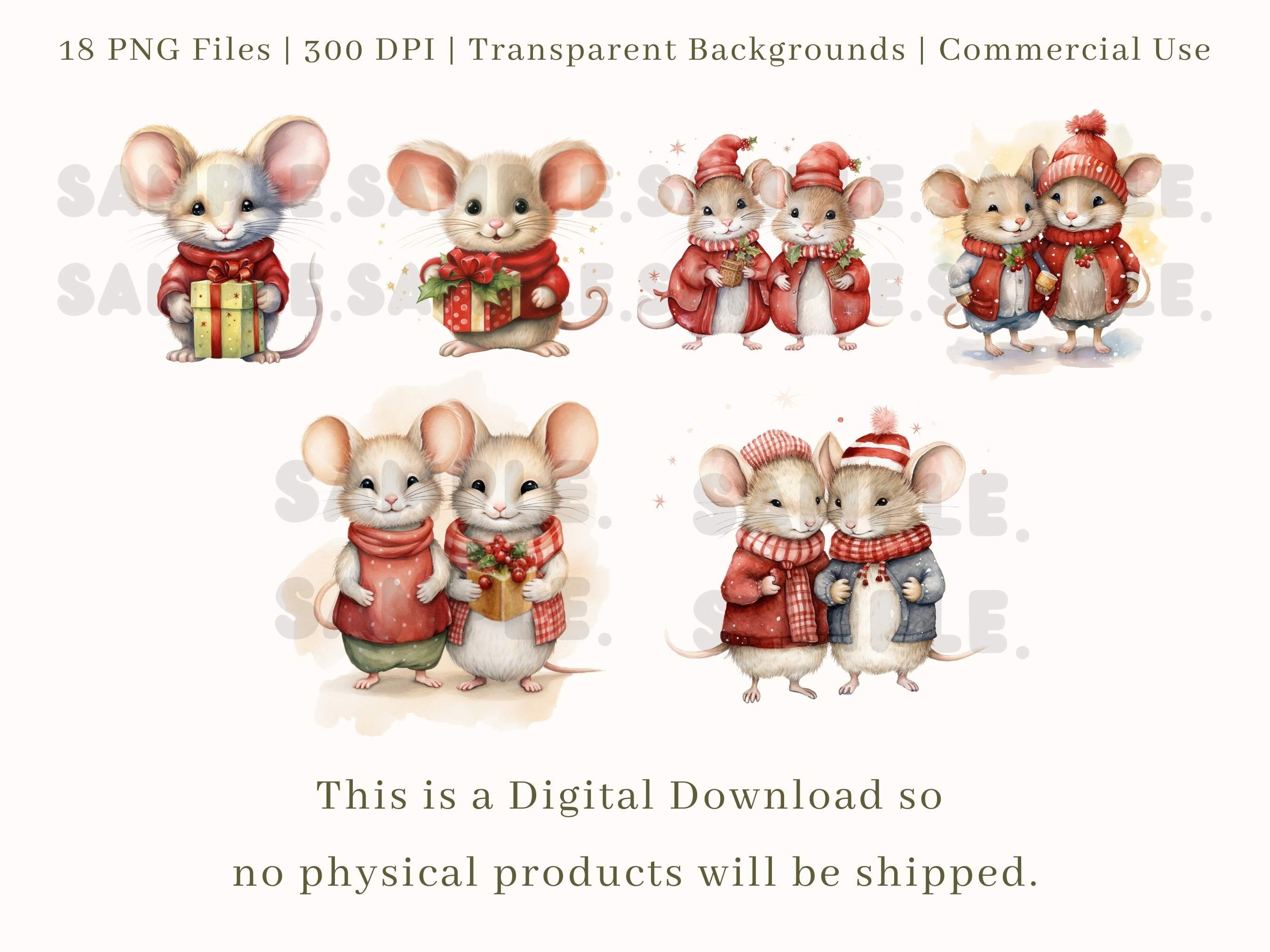 18 Christmas Mouse Clipart PNG, Watercolor Christmas Mice Clipart ...
