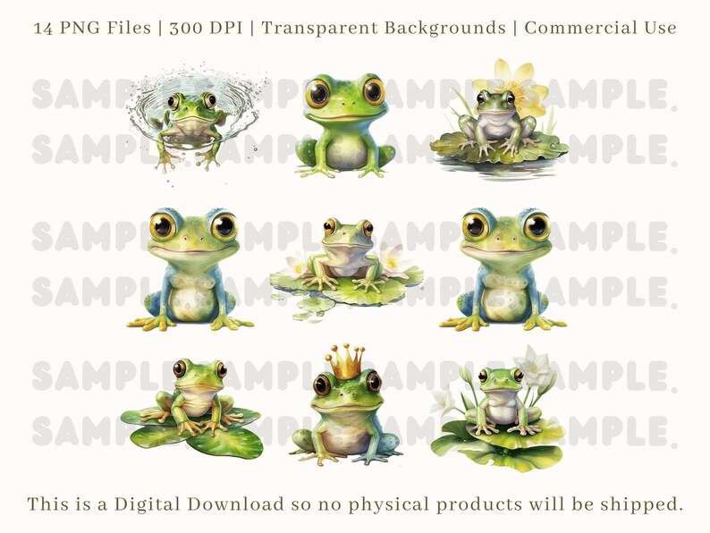 14 Frog Clipart, PNG, Watercolor Frogs Clipart Bundle, Frog Art, Frog ...
