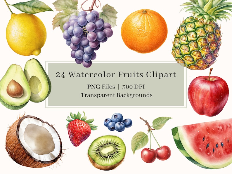 24 Watercolor Fruits Clipart PNG Produce Download Orange - Etsy