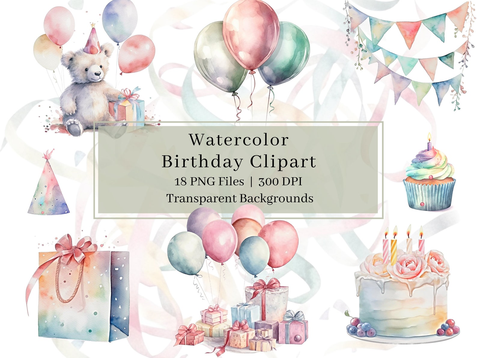 18 Watercolor Birthday Clipart, PNG, Watercolor Birthday Party Clipart ...