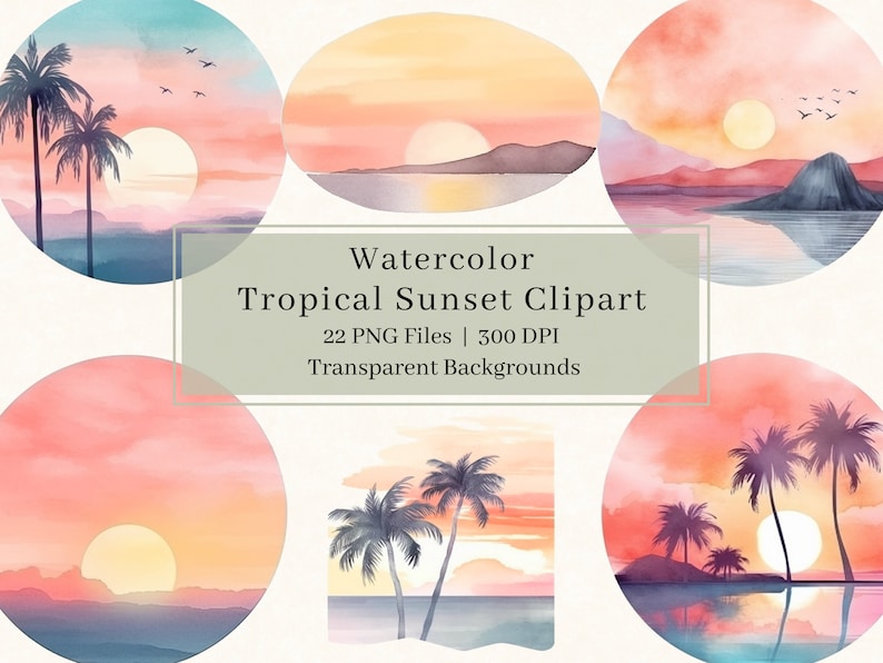 22 Tropical Sunset, PNG, Watercolor tropical Beach Sunsets Clipart ...