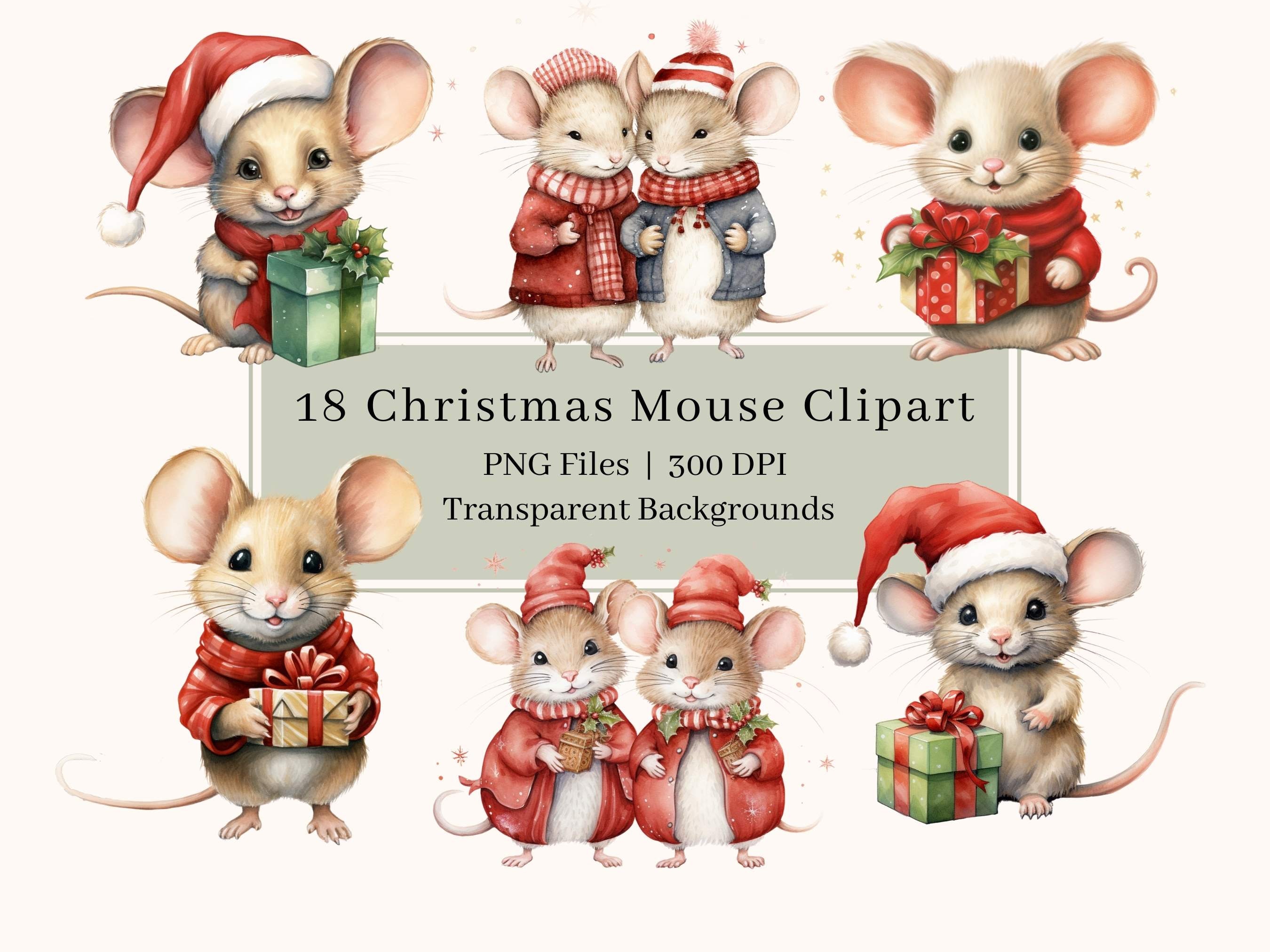 18 Christmas Mouse Clipart PNG, Watercolor Christmas Mice Clipart ...