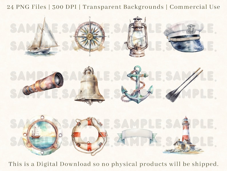 24 Watercolor Nautical Clipart PNG Sea Clipart Ocean - Etsy